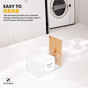 ZUHSAN Dryer Sheet Holder with 10 bonus random Labels, Acrylic made Dispenser, Acrylic Container Storage Box for Laundry Room Organization, Holds Sheets, Balls, Clothes Pins, Laundry Pods