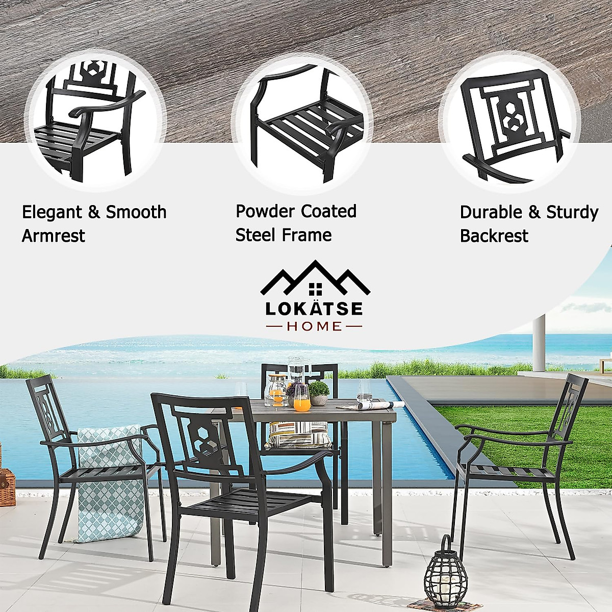 LOKATSE HOME 5 PCS Metal Outdoor Patio Dining Set with 4 Stackable Chairs and Square Bistro Table for Backyard Deck Lawn Garden, Black