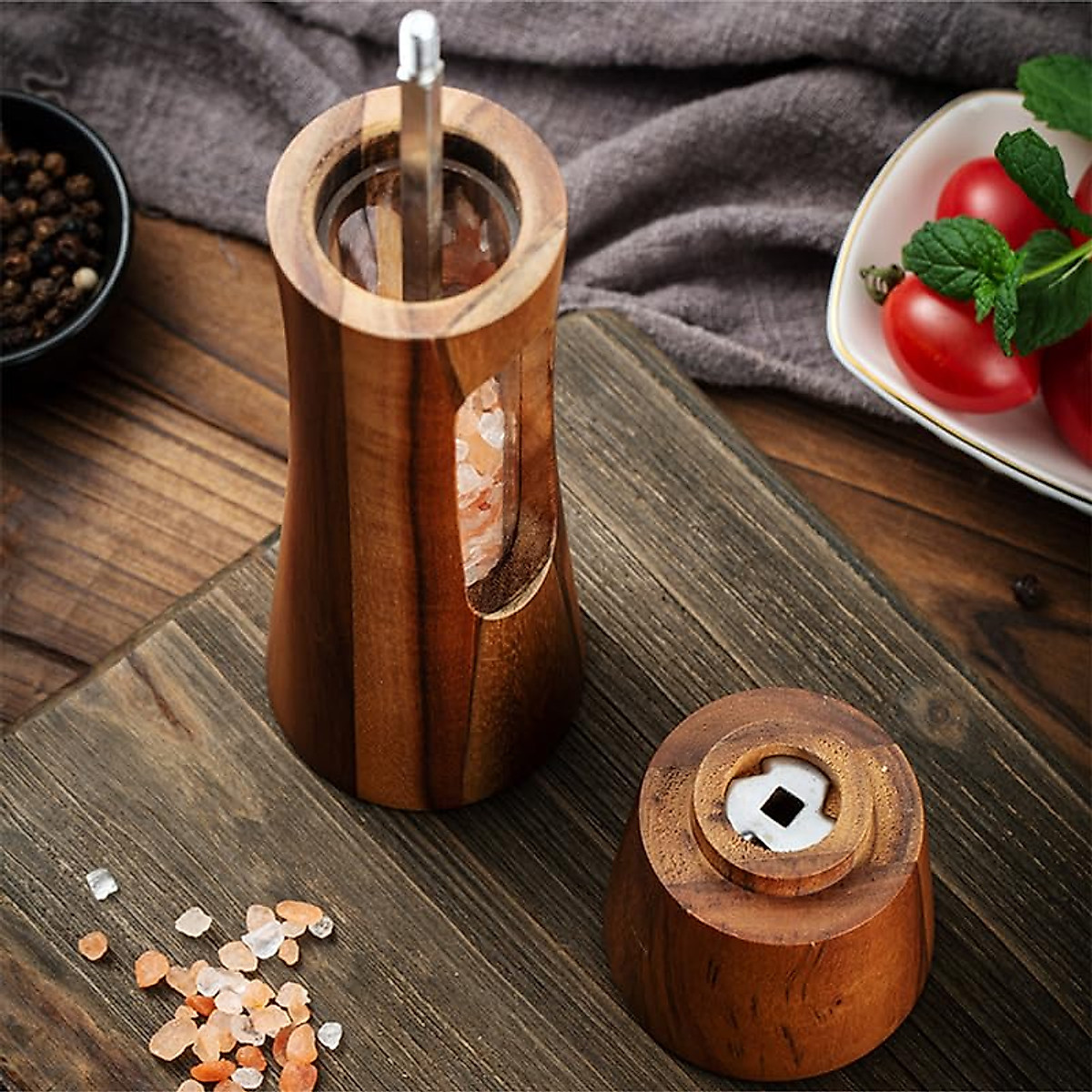 Ousyaah Salt and Pepper Grinder Set (2 Pack), Manual Wooden Salt and Pepper Shakers with Adjustable Ceramic Core and Visible Acrylic Window, Refillable Salt & Pepper Mill Set | Adjustable Coarseness