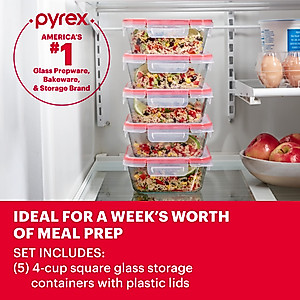 Pyrex Freshlock 10-Pieces 4-Cup Glass Food Storage Containers Set, Airtight & Leakproof Locking Lids, Freezer Dishwasher Microwave Safe