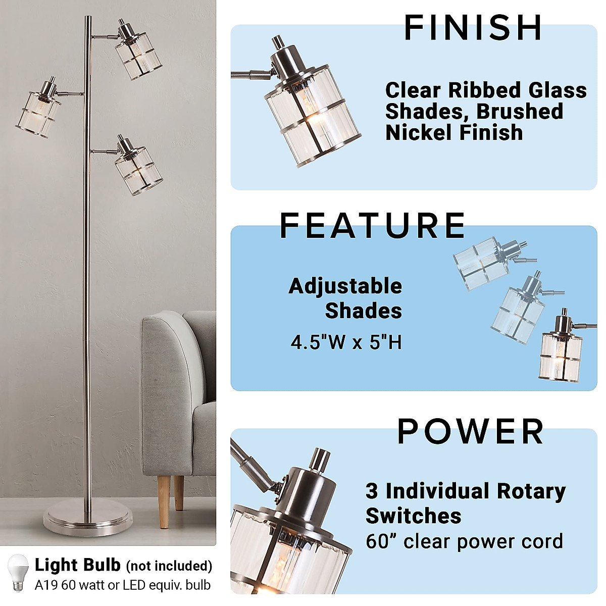 Catalina Lighting 20442-000 Modern 3 Light Floor Lamp with Adjustable Ribbed Glass Shades & Reading Light, 68", Classic Brushed Nickel