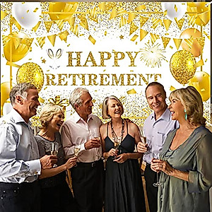Gold and White Retirement Party Decorations for Men Women Extra Large White Gold Happy Retirement Banner Photo Booth Backdrop Background for Retirement Farewell Party Supplies