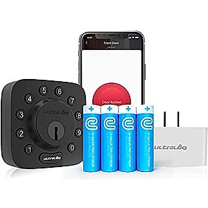 ULTRALOQ U-Bolt Smart Door Lock Black with Bridge WiFi Adaptor and AA Ultra Lithium Battery (Pack of 8), 5-in-1 Keyless Entry Door Lock with WiFi, Bluetooth and Keypad