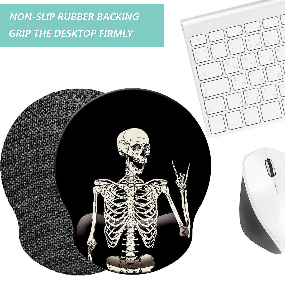 Mouse Pad with Wrist Support, Ergonomic Mouse Pad with Memory Foam Wrist Rest Cushion, Non-Slip Rubber Base Gaming Mice Pad for Home Office Computer Laptop, Human Skeleton