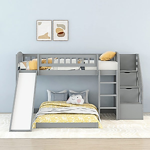 Bunk Beds with Slide Twin Over Twin Low Bunk Bed Frame with Storage Drawers Stairway Wood Bunk Bed for Kids Boys Girls, Gray