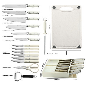 grilljoy 17PCS Premium Knife Set With In-drawer Knife Block, High Carbon Stainless Steel Cutlery Knife Block Set, Versatile Chef Knife Set for Daily Kitchen Use, White