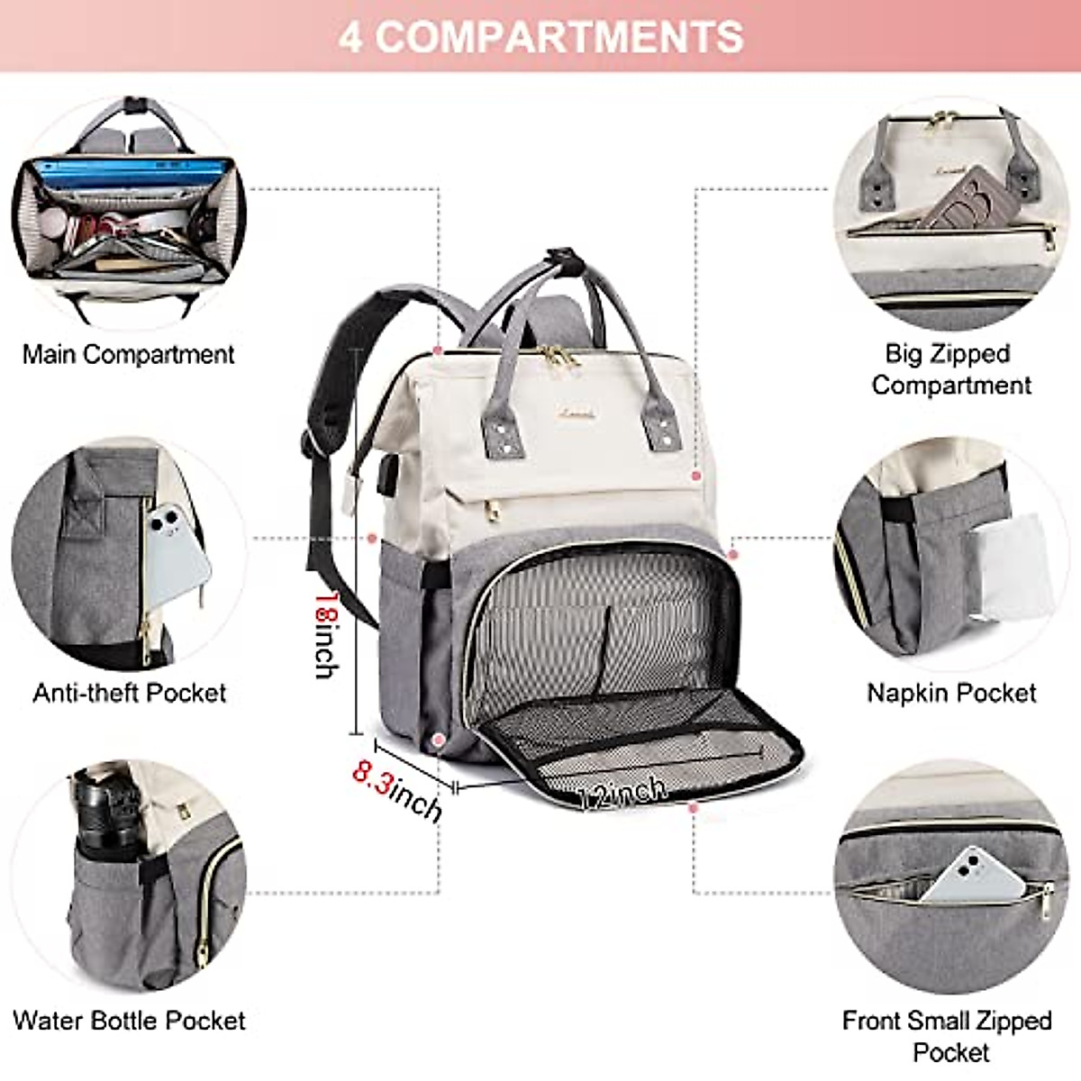 LOVEVOOK Laptop Backpack Purse for Women, 18 Inch Computer Business Stylish Backpacks, Doctor Nurse Bags for Work, Casual Daypack Backpack with USB Port, White-Grey