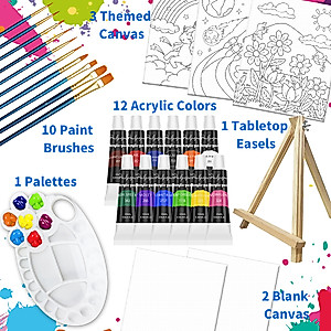 Kalysky 47PCS Kids Paint Set,Canvas Painting Kits for Kids ages 4-8,8-12,Acrylic Paint Art Supplies for Kids 9-12 with 12 Paints, 5 Canvas Panels, 18PCS Drawing Paper,10 Brushes
