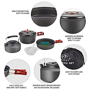 Bulin Camping Cookware Mess Kit, Backpack Portable Campfire Cooking Pots Pans Kettle Set, Lightweight Durable Cook Gear for Open Fire Hiking, Outdoor (BPA Free Bowls, Plates), 9 PCS