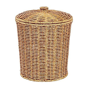 Woven Basket Trash Can Storage: Wastebasket Garbage Bin with Lid Rubbish Paper Storage Container for Home Bathroom Kitchens Laundry Utility Rooms
