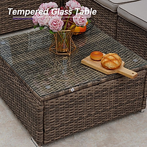 Naga Bahna Patio Furniture Set 7 Pieces Outdoor Sectional Conversation Set, Outdoor PE Wicker Rattan Sofa Set Patio Couches w Anti-Slip Beige Cushions, 2 Pillows for Patio(Brown)