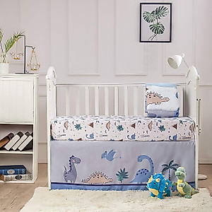 La Premura Baby Crib Bedding Set for Boys – Dinosaur 3 Piece Standard Size Nursery Crib Comforter Set, Grey/Blue - Unisex Baby Nursery Bedding and Neutral Decor