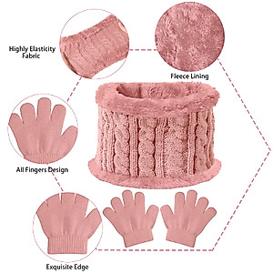 Kids Winter Beanie Hat Scarf Gloves Set, Toddlers Knit Winter Warm Double Pompom Cap Scarf Gloves for 1-5 Years Old (Pink)