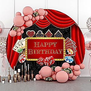 AWERT Polyester Diameter 3ft Happy Birthday Round Backdrop Casino Themed Dice Poker Chips Red Curtain Photography Background 1st Birthday Party Decoration Supplies Photo Studio Props