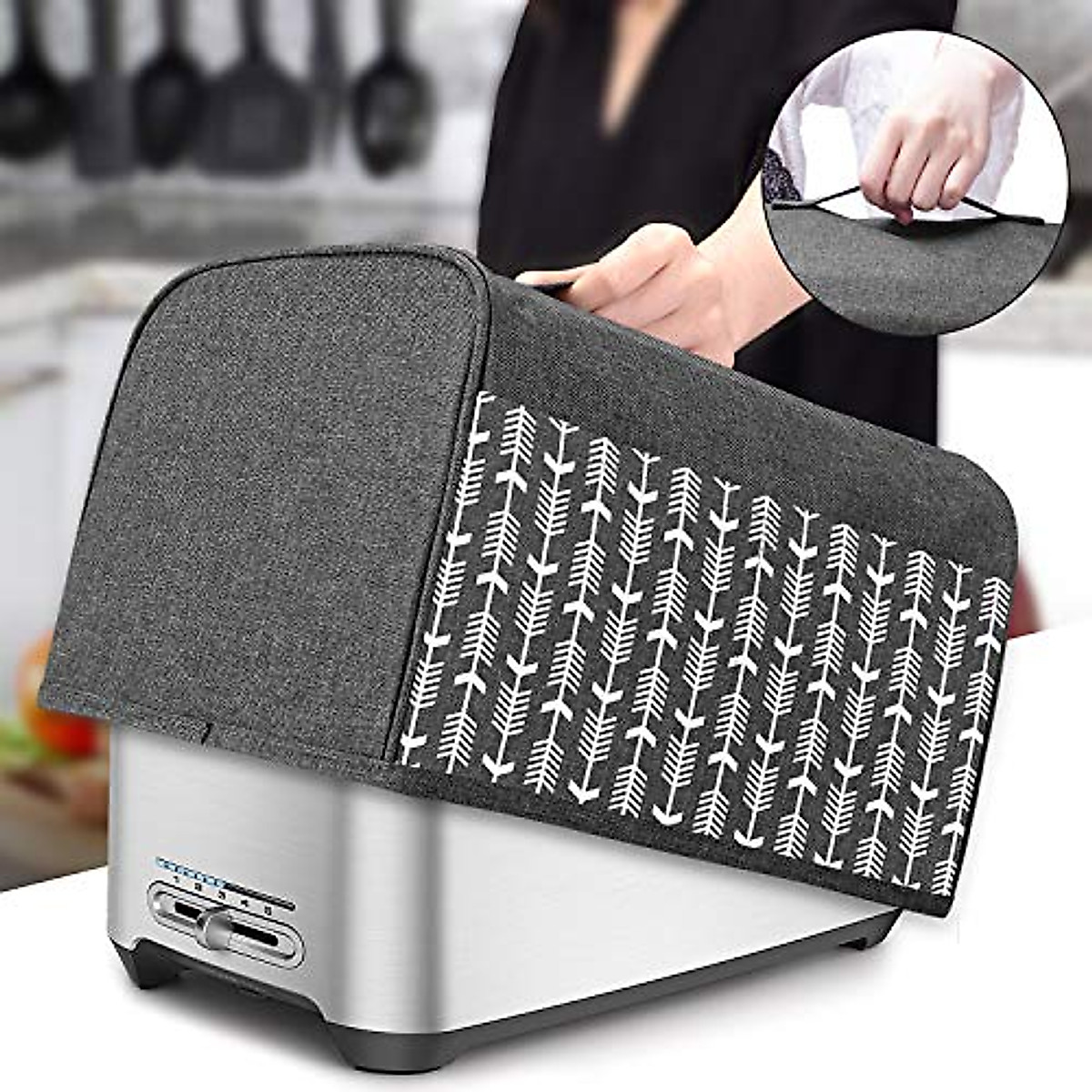 Yarwo 4 Slice Toaster Cover with Pockets and Top Handle, Nylon Toaster Cover Fits for Most 4 Slice Long Slot Toasters, Gray with Arrow