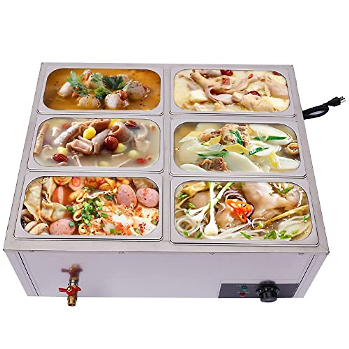 6 Pot Commercial Food Warmer 110V Buffet Food Warming Tray, 850W Countertop Electric Table Steamer Stainless Steel Soup Pot 30 to 85° Adjustable 6-Pan Food Warmer for Catering, Restaurants