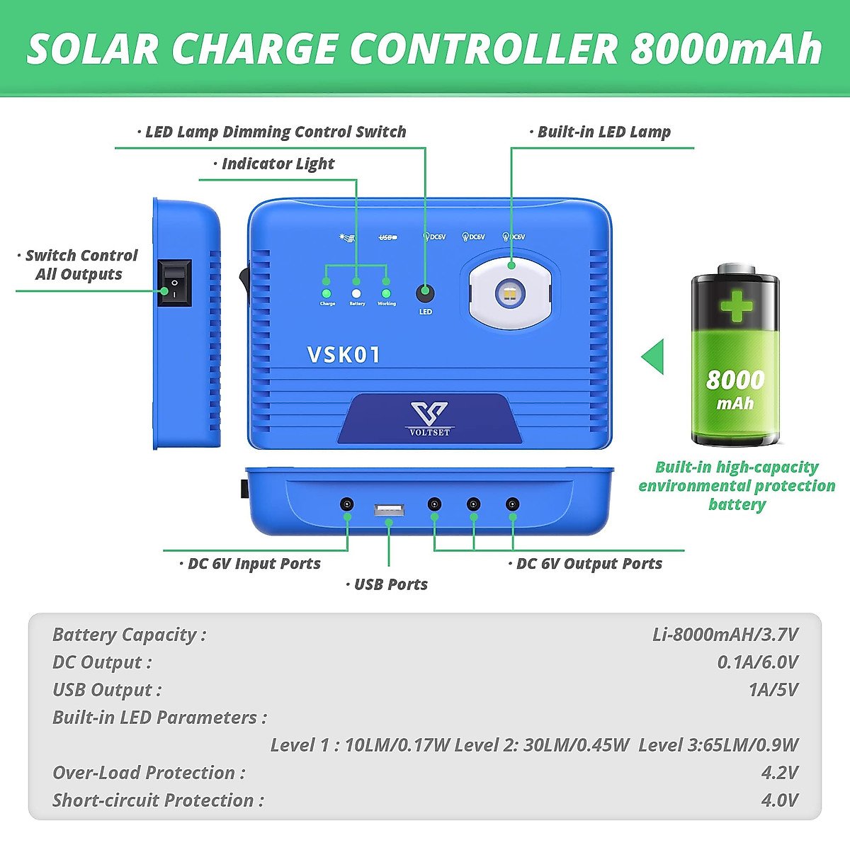 VOLTSET 5W Solar Generator - 8000mAH Solar Power Generator System with 2 LED Bulbs, Portable Power Station with Flashlight for Camping, Phone Charging, Home Emergency Power Supply