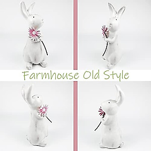 Lotus Hills Spring Easter Decorations, 13.2" Distressed Resin Easter Bunny with Pink Flower, Easter Gifts for Kids Girls, Farmhouse Decorative Rabbit for Tabletop Mantel, Spring Garden Yard Décor