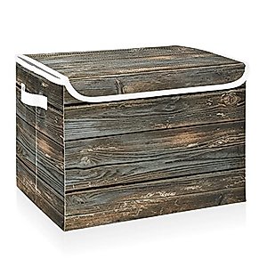 CaTaKu Wooden Vintage Storage Bins with Lids and Handles, Fabric Large Storage Container Cube Basket with Lid Decorative Storage Boxes for Organizing Clothes