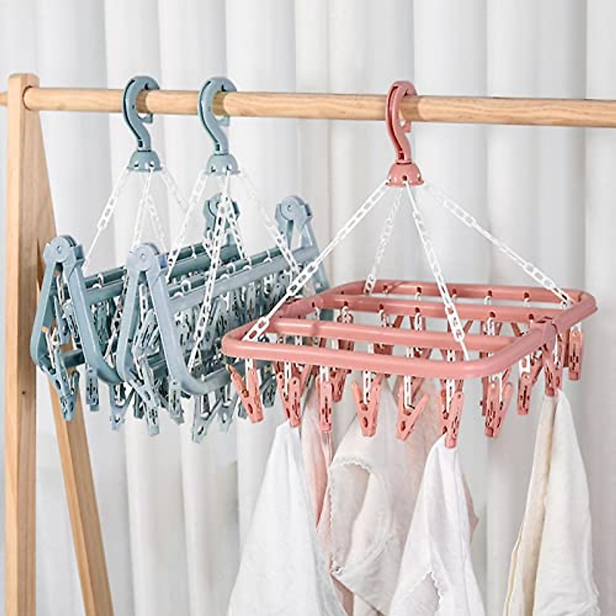 Sock Hanger, 2PCS Folding Clothes Drying Rack with 32pcs Pegs and Swivel Hook, Rotatable Sock Dryer, Underwear Hanger for Lingerie Clothes, Wind-Proof Hanging Sock Rack for Socks, Underwear