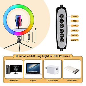 Znbruiap 10 in RGB Selfie Ring Light with Tripod Stand & Phone Holders-Ring Light Color Changing with Desktop Tripod and Remote