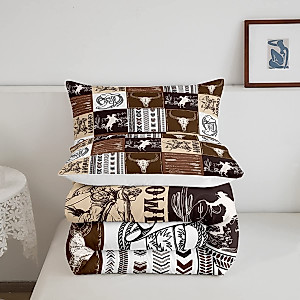 Manfei Western Cowboy Comforter Set Queen Size, Bull Skull Horse Arrow Print Quilt Set with 2 Pillowcases, Geometric Grid Brown Plaid Print Bedding Set 3pcs for Kids Boys Teens Bedroom Decor