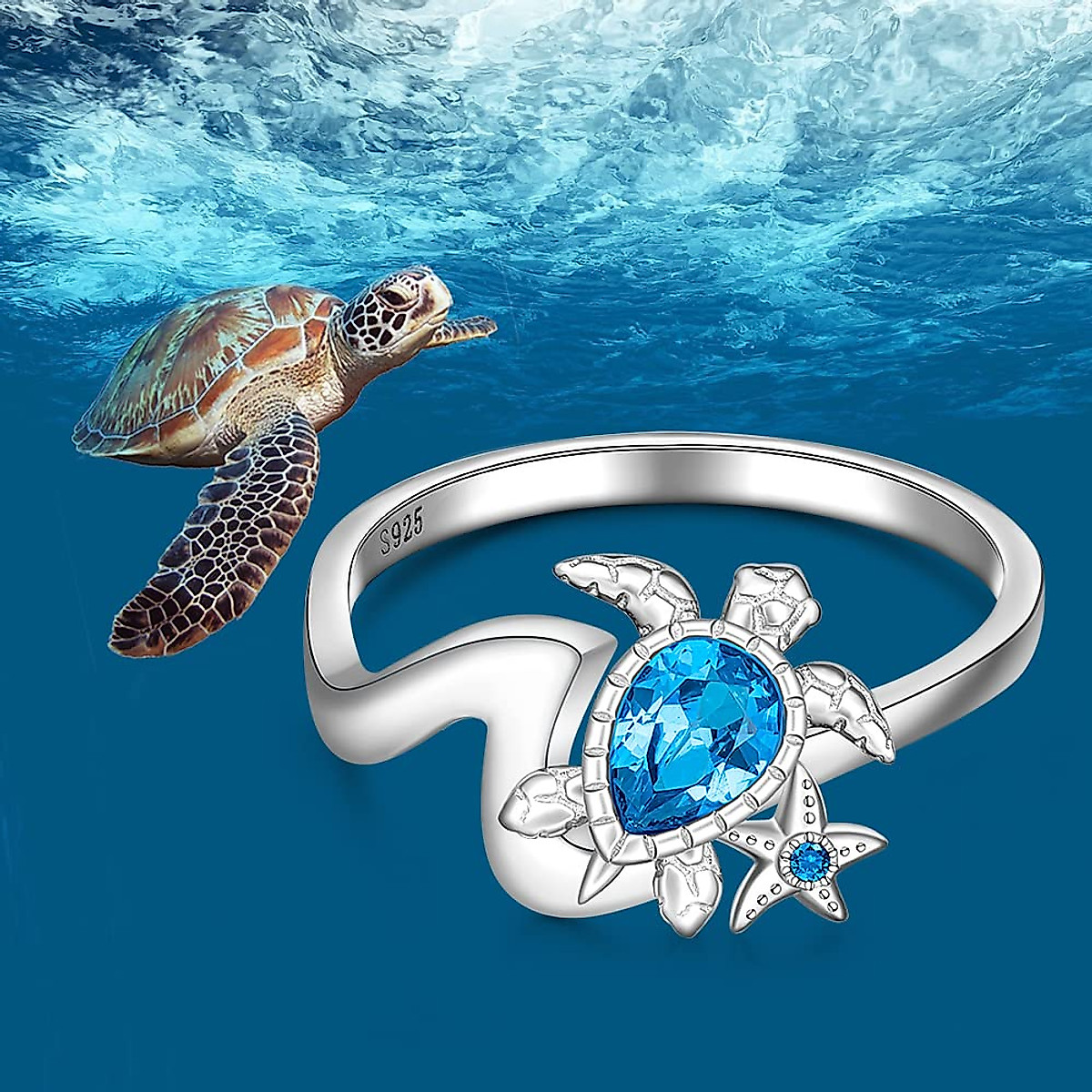Turtle Ring Sapphire Jewelry for Women Ocean Themed Gifts Sea Starfish Blue Stone Zircon Diamond 925 Wave Ring Sterling Silver for Sister Mom Friend Size 8