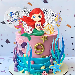 12 PCS Mermaid Cake Topper, Cute Big Eyes Mermaid Doll Cake Topper, Resin 2D Starfish Seaweed Seahorse Shell Felt Seaweed Acrylic Coral for Birthday Party, Baby Shower, Wedding, Mermaid Cake Supplies