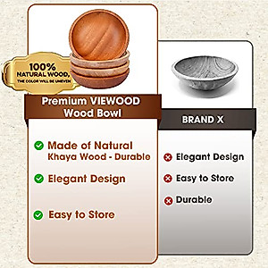 VieWood Mini Wooden Bowl Set of 4 (3.54" Diameter x 0.78" Height) for Condiments, Dip Sauce, Ketchup, Small Wood Bowl for Jam, little Prep, Olive (Round)