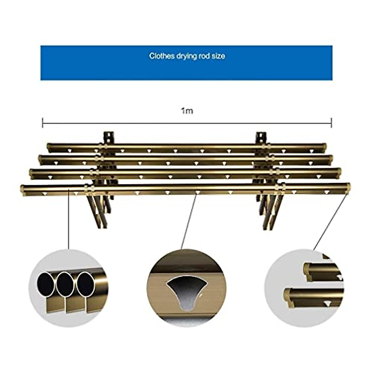 XMCX Airer Laundry Drying Rack Wall Mounted Folding Adjustable Collapsible Space Saver Dryer Bathroom Towel Rail Bar with Windproof Hook Easy Storage (Color : Gold)