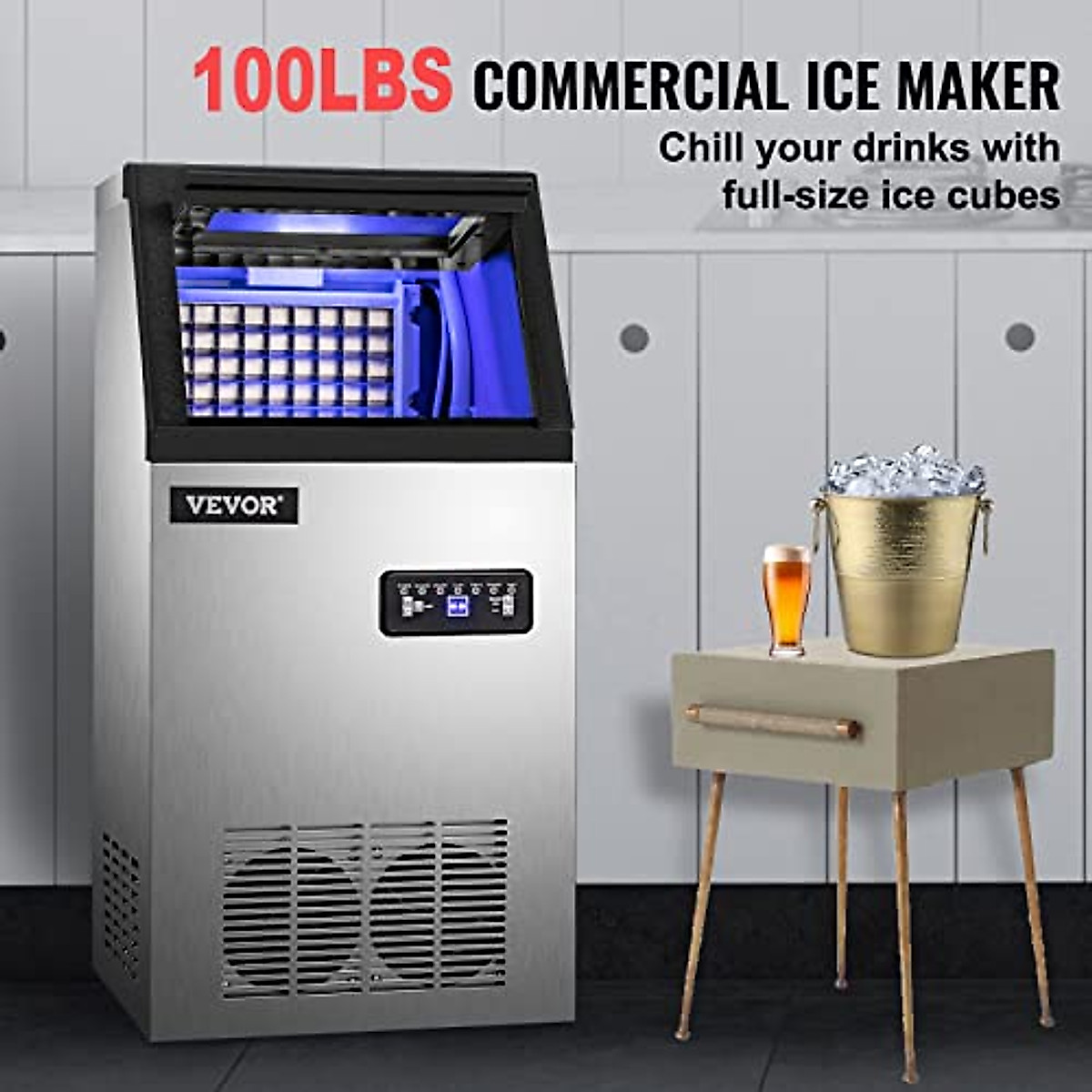Happybuy Commercial Ice Maker Machine, 100 lbs/24h Stainless Steel Under Counter Ice Maker with 22lbs Storage Bin, 4x8 Cubes Ready in 15 Mins, Water Filter & Scoop Included, for Bar Office Coffee Shop