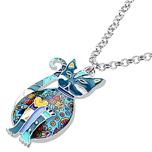 BONSNY Enamel Alloy Floral Kitten Cat Necklace Chain Pendant Fashion Jewelry For Women Charm Gift (Blue)