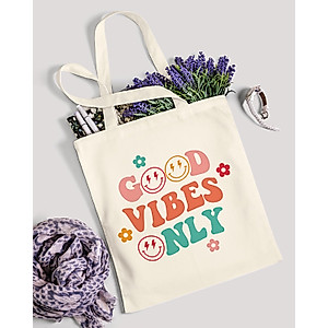 AUSVKAI Canvas Tote Bag Aesthetic for Women Cute Grocery Bag Cotton Beach Totes Gift-Good Vibes Only