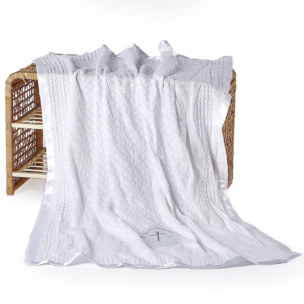 Booulfi Baby Blanket Newborn Unisex White Baby Blanket Shawl Knitted Nursing Cover Baby Summer Autumn Winter Baptism Christening Blanket with Embroidered Cross