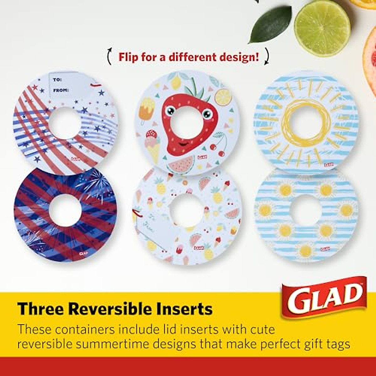 Glad Food Storage Containers, GladWare Summer Edition with Reversible Lid Inserts – 3 Ct Large Round Containers & Lids, 48oz Microwave-Safe, Freezer-Safe, Dishwasher Safe