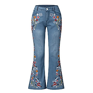 Women's Embroidery Destoryed Flare Jeans Button Waist Bell Bottom Summer Casual Trouser Comfortable Denim Pants（Light Blue,XX-Large）