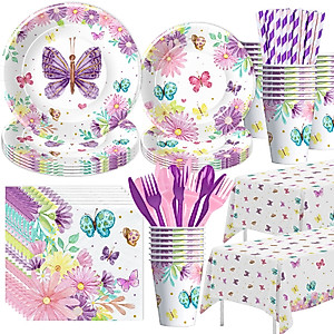Xigejob Butterfly Party Decorations Tableware - Butterfly Birthday Party Supplies Include Plate, Cup, Napkin, Tablecloth, Cutlery, Straws, Butterfly Baby Shower Birthday Party Decorations | Serve 24