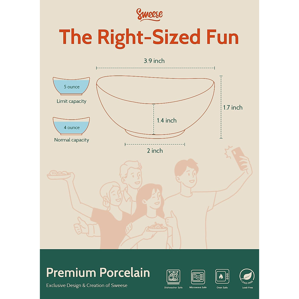 Sweese 4 Inch Porcelain Small 4 oz Bowls for Sauce | Charcuterie | Dipping | Snack | Condiment | Side Dishes Set of 6 - Microwave, Dishwasher and Oven Safe - White