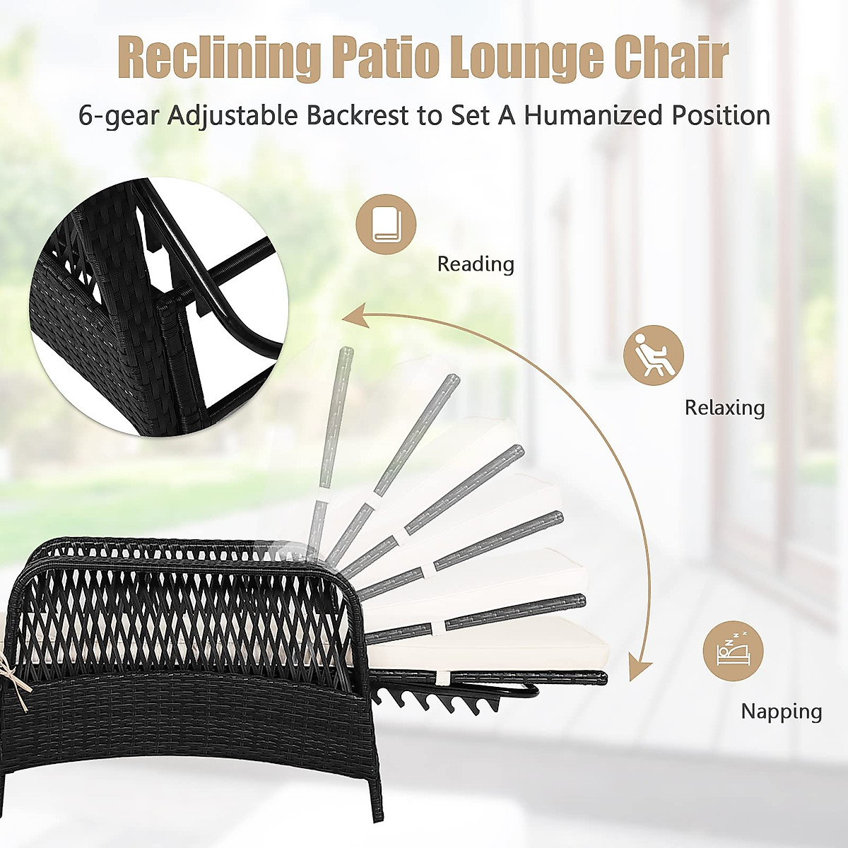 HAPPYGRILL 2 Patio Chaise Lounge Chair Set Outdoor Rattan Wicker Recliner with Thick Cushion, Lumbar Pillow, Adjustable Backrest for Garden Porch Lawn Poolside
