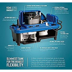 Little Giant VCMX-20ULST 115 Volt, 1/30 HP, 84 GPH Automatic Condensate Removal Pump, 6-Ft. Power Cord, Safety Switch, 20-ft. 3/8-inch Tubing, Blue, 554550