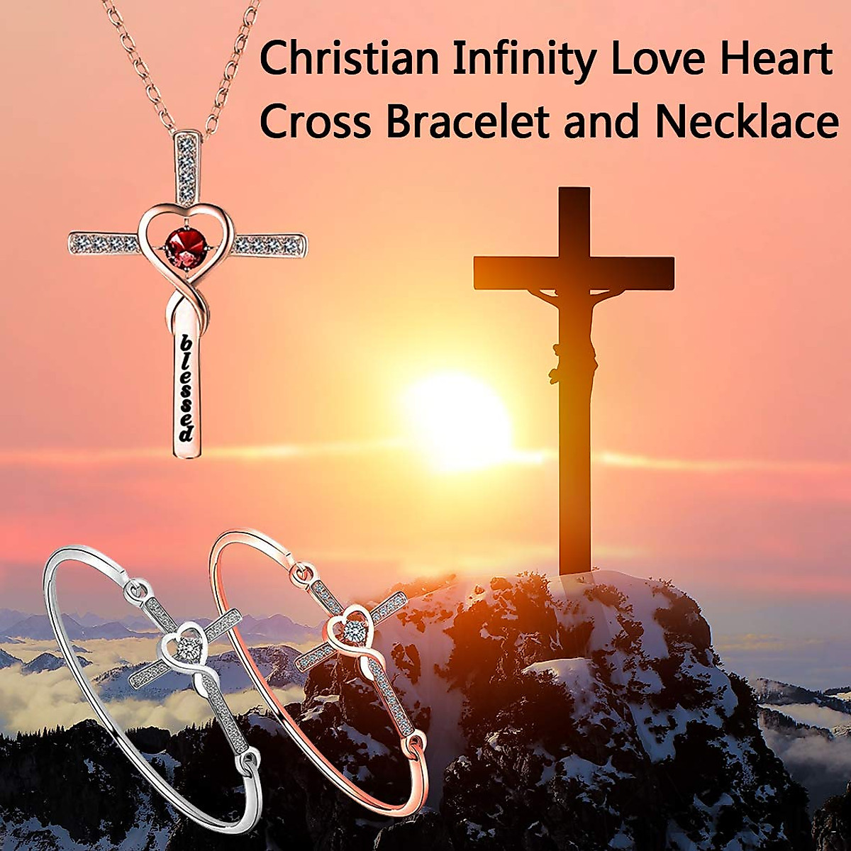 Christian Bracelet Infinity Love Heart God Cross Bracelet Crystal Sideway Cross Bangle Religious Gift for Women (Silver)
