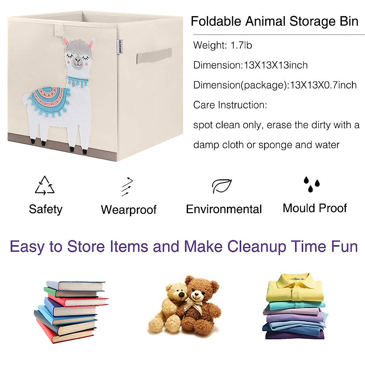 CLCROBD Foldable Animal Cube Storage Bins Fabric Toy Box/Chest/Organizer for Kids Nursery, 13 inch (Llama + Triceratops)