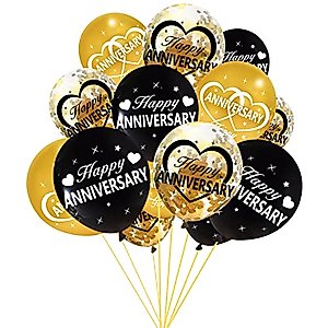 Lnlofen 30Pcs Happy Anniversary Balloons Decorations Kit, 12 Inch Black Gold Wedding Latex Confetti Party Supplies, 10th 20th 30th 40th 50th 60th Indoor Outdoor Decor