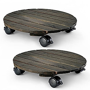 HOUSEBOOK 2 Packs Premium Wooden Rolling Flower Pot Holder Plant Stand with Wheel, Wooden Plant Pot Caddy 30cm Round Garden Plant Pot Trolley 360 Deg Movable, 30cm, Brown