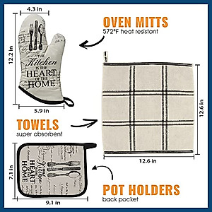 Warome Oven Mitts and Pot Holders Sets, 572°F Heat Resistant Oven Mitts with Soft Cotton Kitchen Towels, Multi-Function Kitchen Potholders with Pockets, Cute Hot Pads and Long Oven Mitts(6pcs)