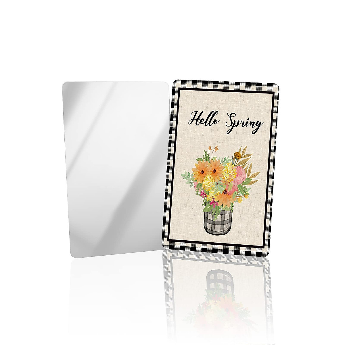 Carosoffe Hello Spring Small Compact Mirror for Purse, Daisy Hydrangea Flower Retro Burlap Plaid Travel Makeup Mirror for Women Men, Rectangular Handheld Compact Pocket Mirror 2 PCS