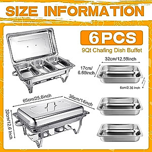 6 Pcs Chafing Dish Buffet Set 8 Qt Stainless Steel Chafer Complete Set Catering Buffet Servers and Warmers with Foldable Frame, Food Pan, Fuel Holder and Lid for Parties Banquet Wedding (3 Third Size)