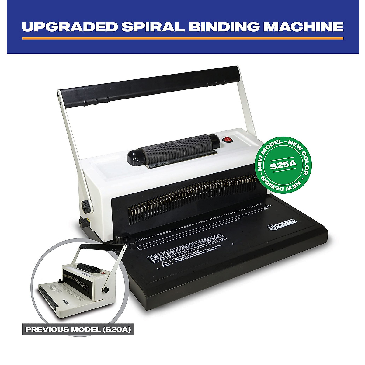 PrintFinish Coilbind S25A Upgraded Spiral Coil Binding Machine - with Electric Coil Inserter - Professionally Bind Presentations Documents - Free Crimper Free Box of 100 Plastic coils - 4 to 1 Pitch