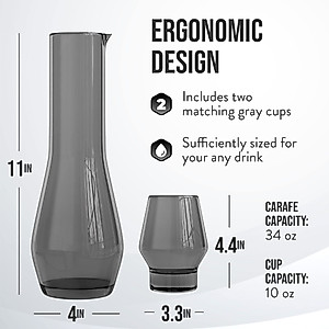 American Atelier 3 Piece Water Set; Carafe and 2 Tumblers; Water Jug; Easy Pour Spout for No Mess Use in Office, Kitchen; 34 oz Pitcher with a 10 oz Tumbler, 4”x 11”H; Gray