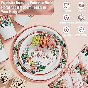 Ecomore Baby Shower Decorations for Girl - 249 PCS Baby Girl Gender Reveal Party Supplies & Disposable Dinnerware Set (25 Guest) with Pink Rose Gold Floral Paper Plates Backdrop Tablecloth Balloon Kit